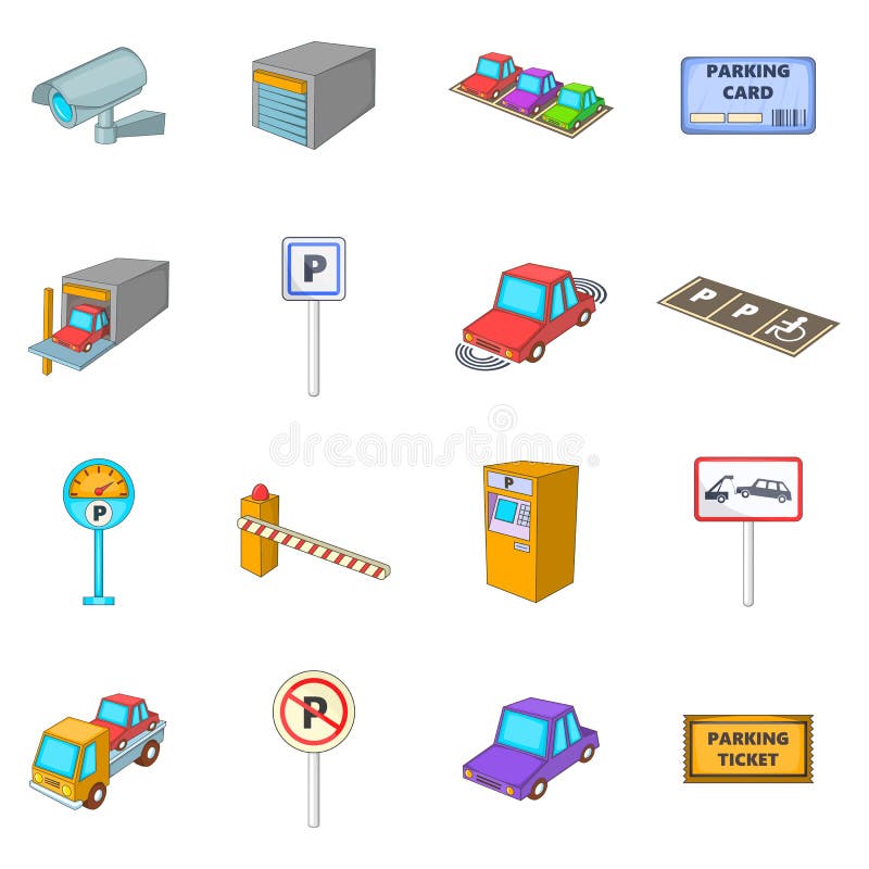Parking Items Icons Set, Cartoon Style Stock Vector - Illustration of ...