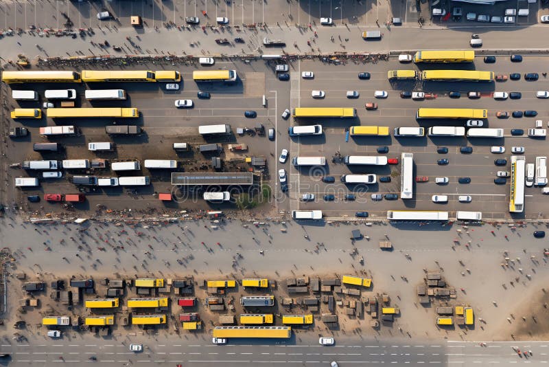 A Parking Lot Full of Passenger Buses. Aerial View from Above. Stock ...