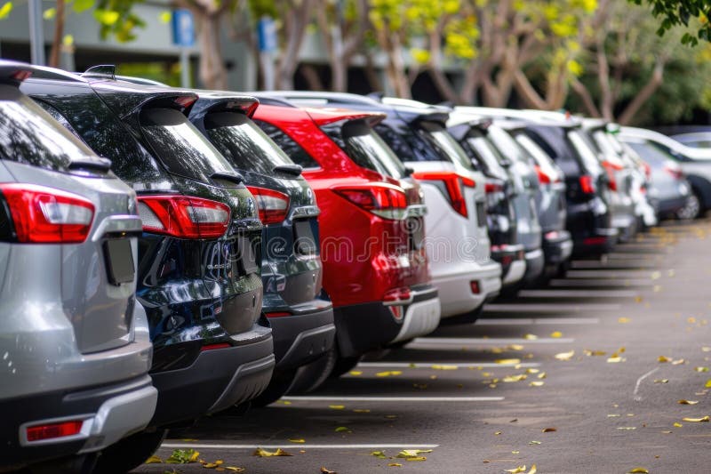 A Parking Lot with Many Cars and a Tree in the Middle. Stock Image ...