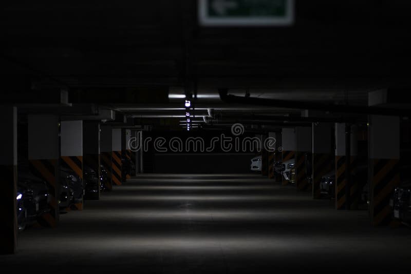 Parking Lot with Parked Cars at Night Stock Photo - Image of reflection ...