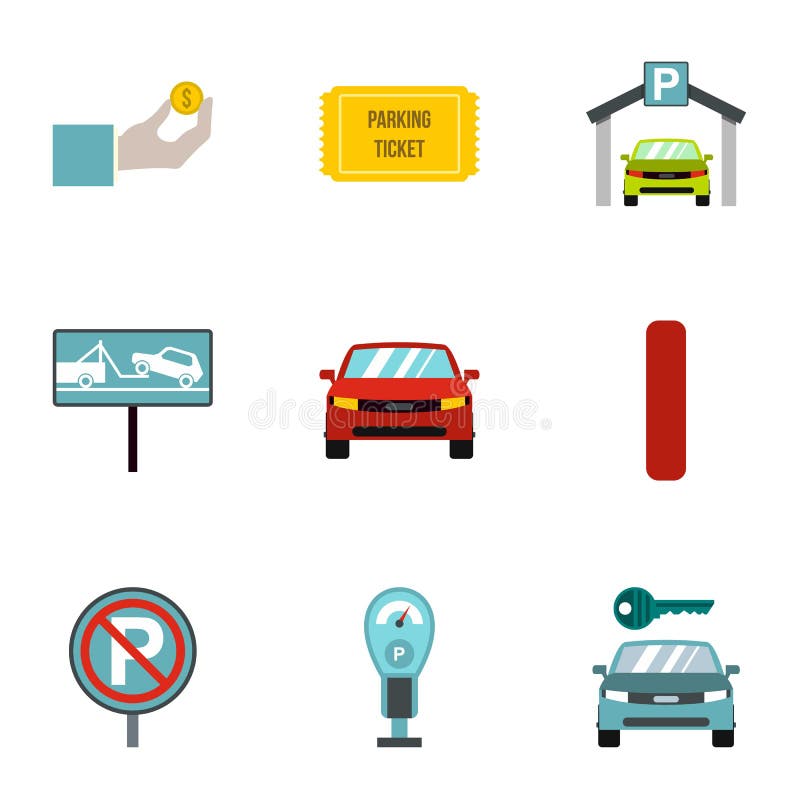 Parking Station Icons Set, Flat Style Stock Vector - Illustration of ...