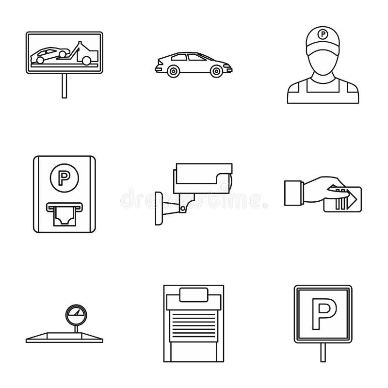 Parking Station Icons Set, Outline Style Stock Vector - Illustration of ...