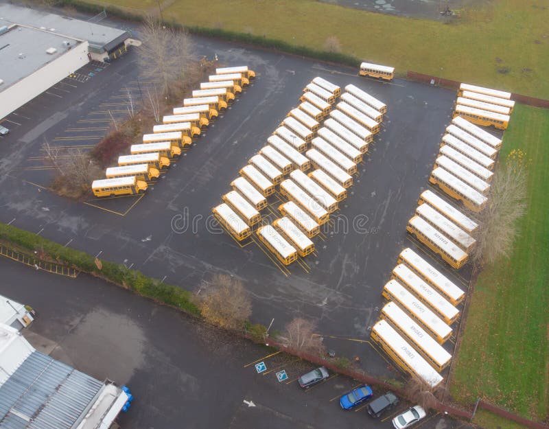 Parking for Storage of School Buses Yellow with Numbers, Top View Stock ...