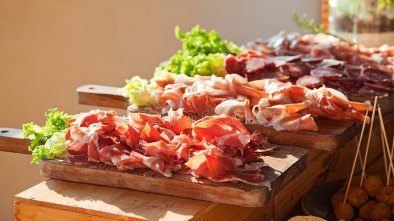 Parma ham in a banquet stock image. Image of people - 159736489
