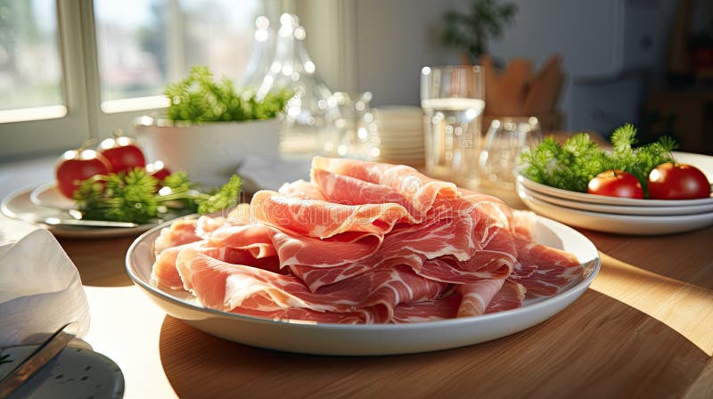 Parma Ham on a Plate on the Dining Table, Ready To Eat.Generative AI ...