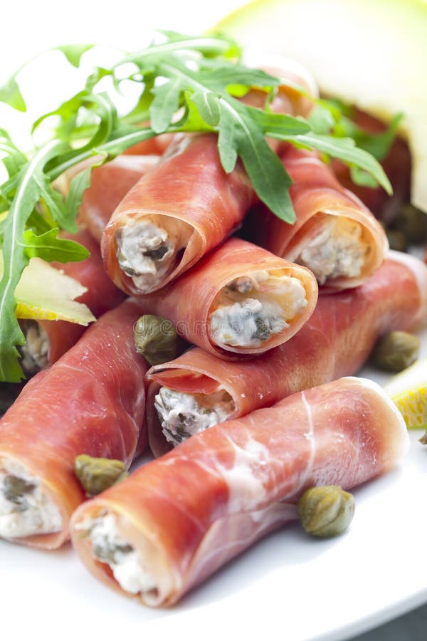 Parma ham rolls stock image. Image of rocket, cheese - 23011161