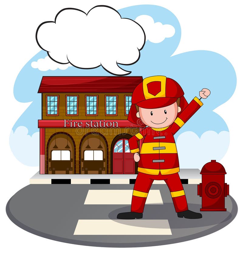 Un Bombero Delante De Un Parque De Bomberos Que Sostiene Un Extintor ...