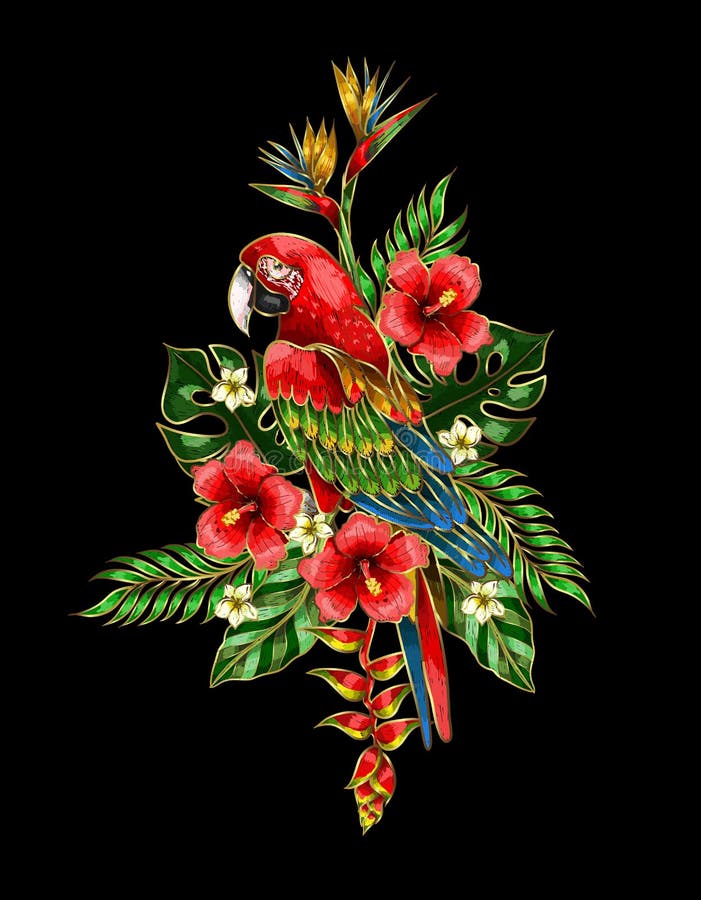 Parrot Ara Embroidery Patch with Tropical Flowers and Leaves. Stock ...