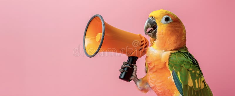 Parrot Bird Announcing Using Megaphone. Notifying, Warning ...