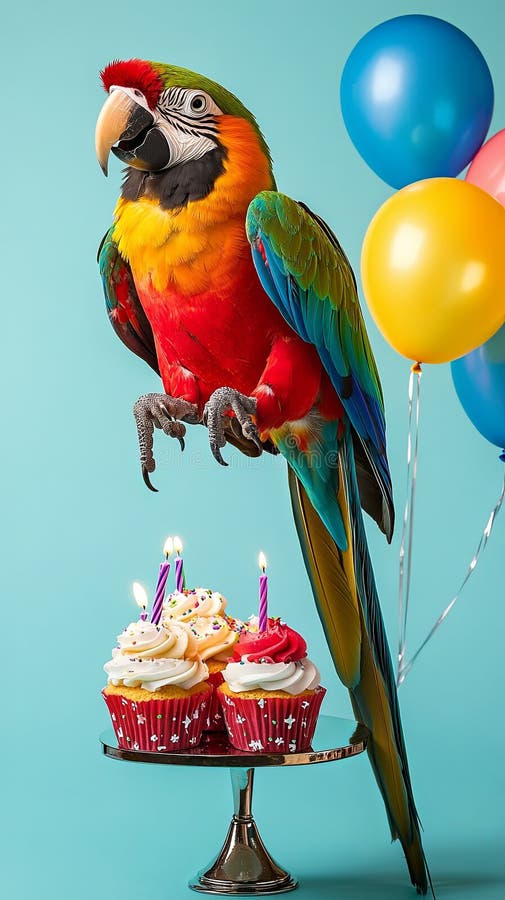Parrot with Birthday Cupcakes and Balloons on Solid Backdrop. Stock ...
