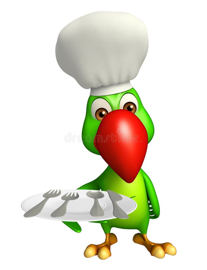 Parrot Cartoon Character with Dinner Plate and Chef Hat Stock ...