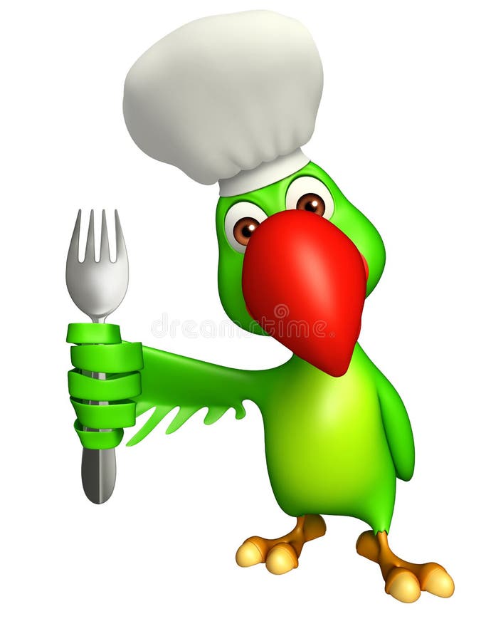 Parrot Cartoon Character with Spoon and Chef Hat Stock Illustration ...