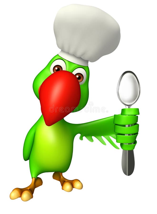 Parrot Cartoon Character with Spoon and Chef Hat Stock Illustration ...