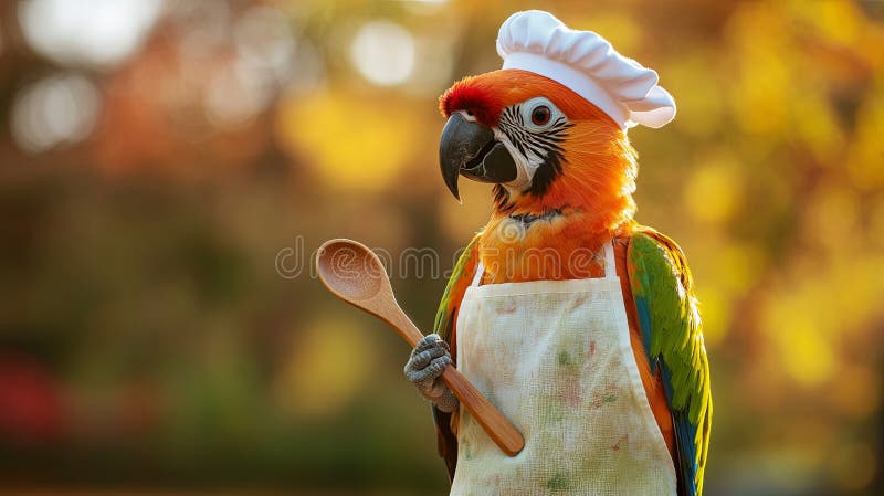 A Parrot Dressed As a Chef with a Tiny Apron and a Wooden Spoon Pic ...