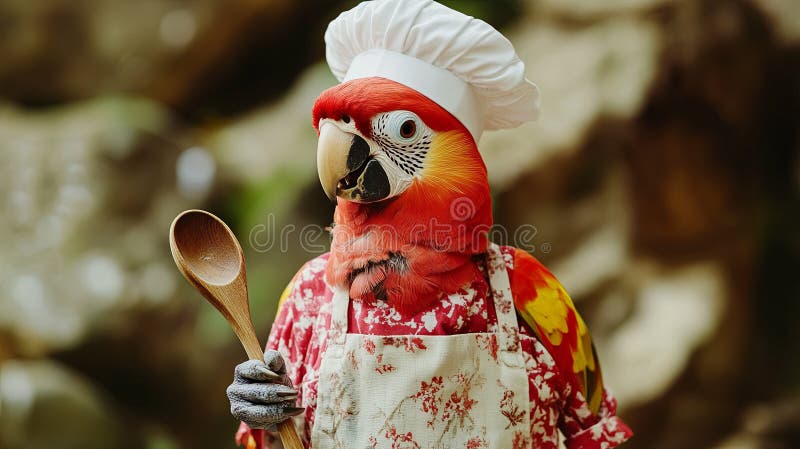 A Parrot Dressed As a Chef with a Tiny Apron and a Wooden Spoon Pic ...