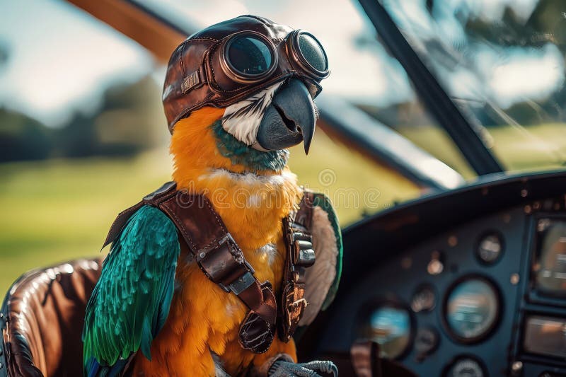 Parrot Pilot Ready for Takeoff in a Vintage Biplane Cockpit with ...