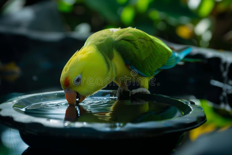 Parrot Drinking Water from a Dish with Its Reflection Visible Stock ...