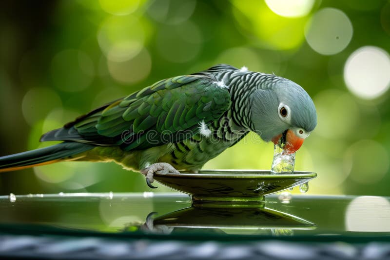 Parrot Drinking Water from a Dish with Its Reflection Visible Stock ...