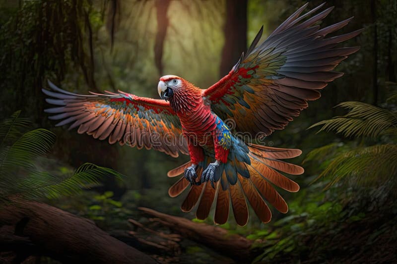 Parrot Flapping Its Wings and Taking Flight in Jungle Stock ...
