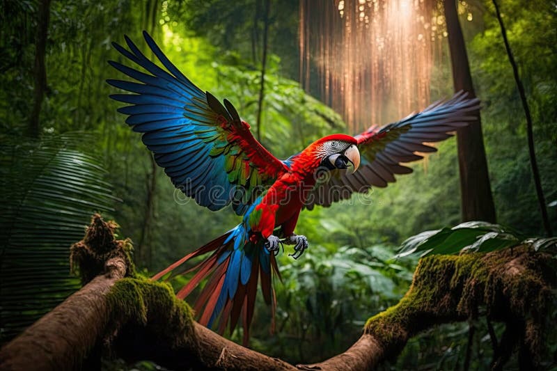Parrot Flapping Its Wings and Taking Flight in Jungle Stock ...