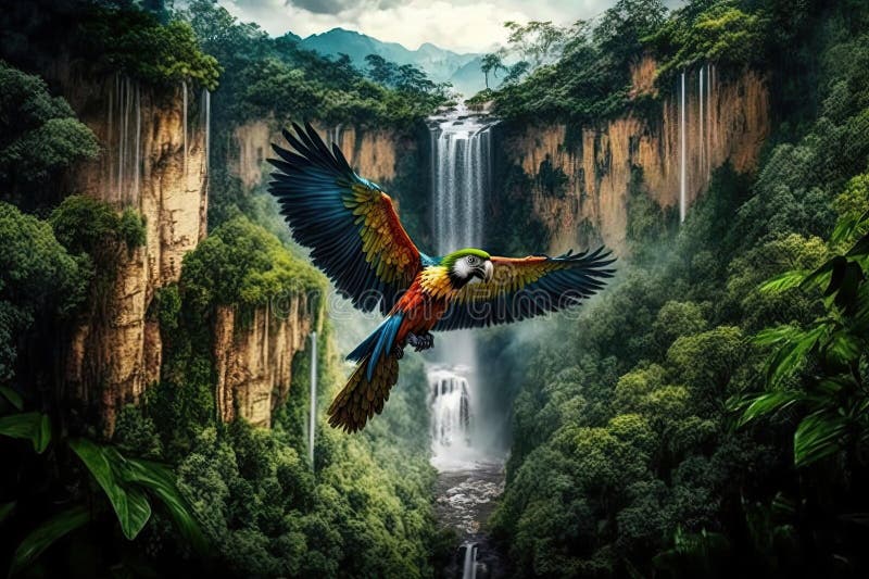 Parrot in Flight Over Lush Jungle, with View of Waterfalls and Rivers ...