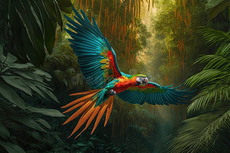 Parrot in Flight, Soaring Over Jungle Canopy Stock Illustration ...
