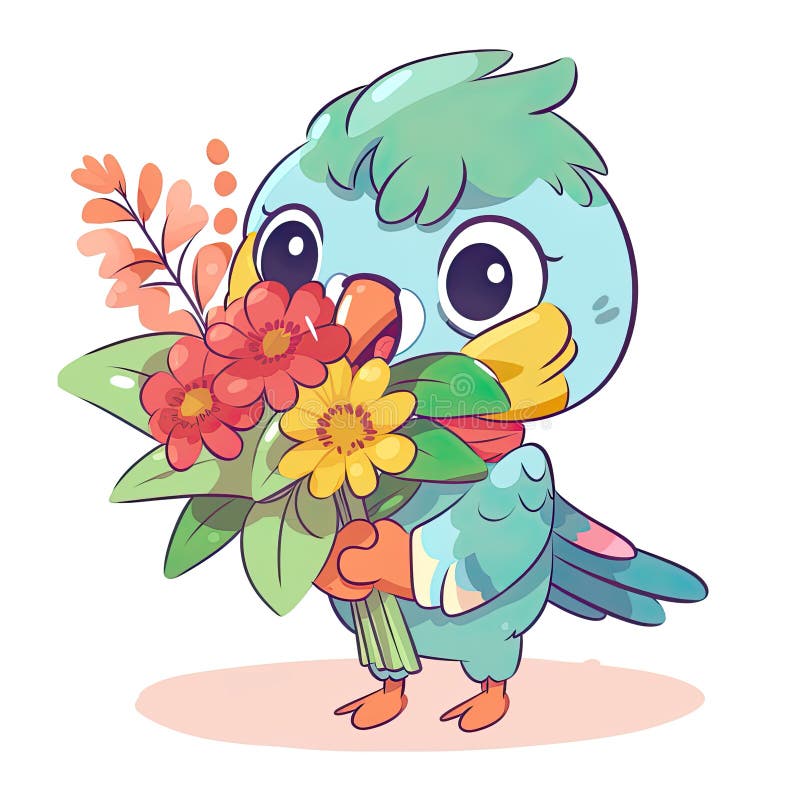 Parrot with Flowers, Cartoon Chibi Style, AI Generative Stock ...