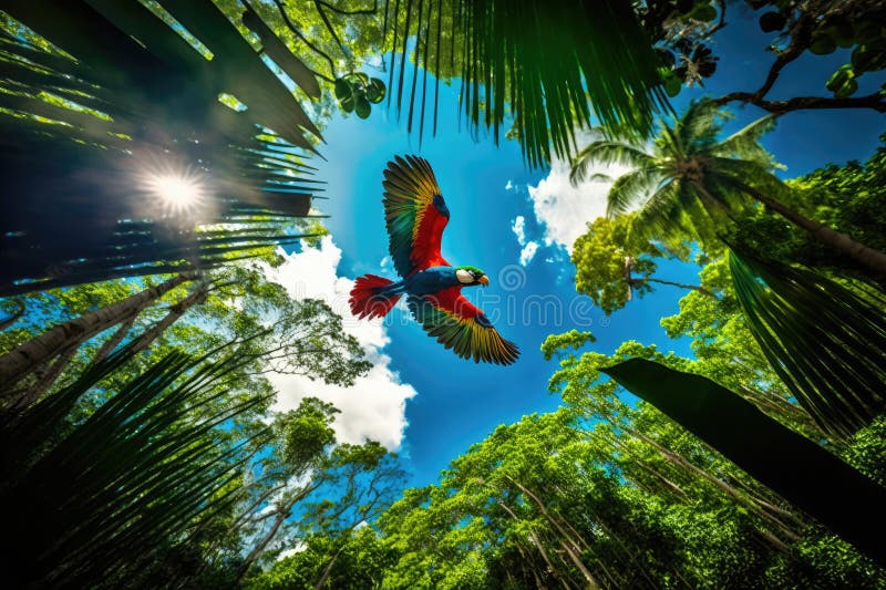 Parrot Flying through Jungle Canopy with View of the Sky Stock ...