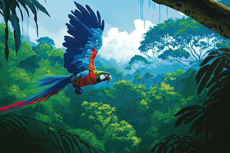 Parrot Flying Over Dense Jungle Canopy, with Glimpse of Blue Sky in the ...