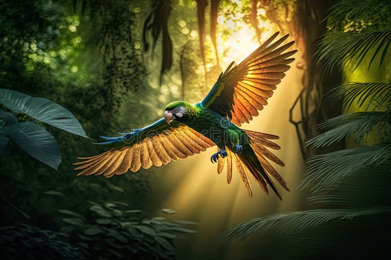 Parrot Flying Over Jungle Canopy, with Glimpse of Sunbeams through the ...