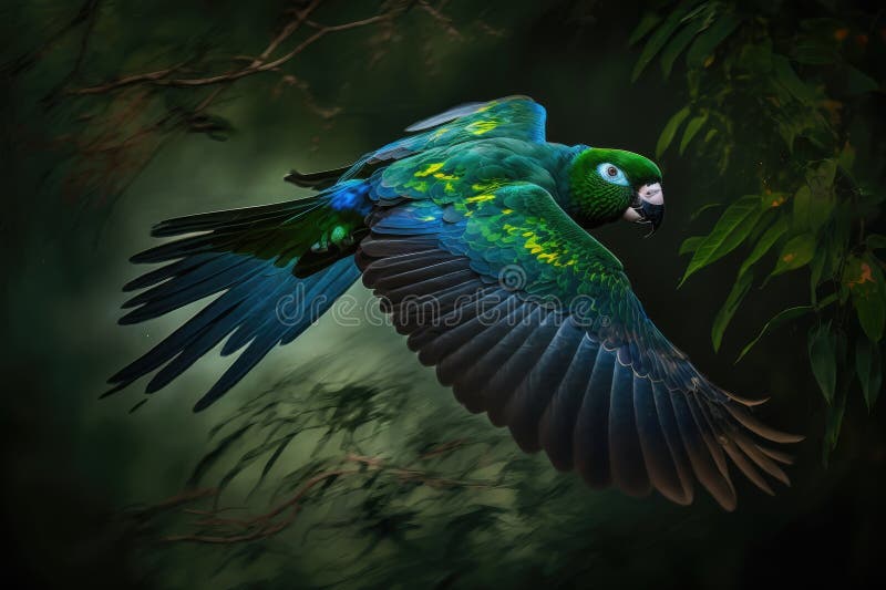 Parrot Flying Over the Jungle Canopy, Showing Its Emerald Green ...