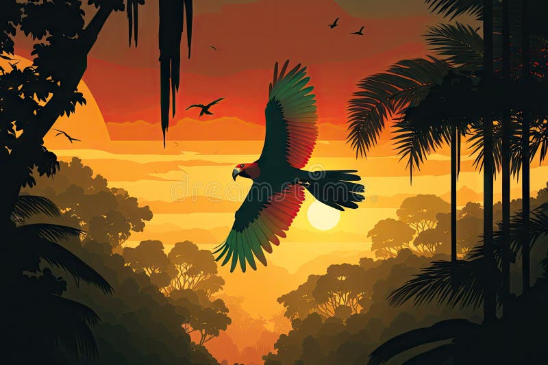 Parrot Flying Over Jungle Canopy, with View of Tropical Sunset Stock ...