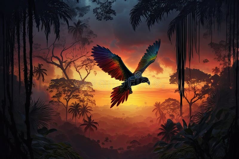 Parrot Flying Over Jungle Canopy, with View of Tropical Sunset Stock ...