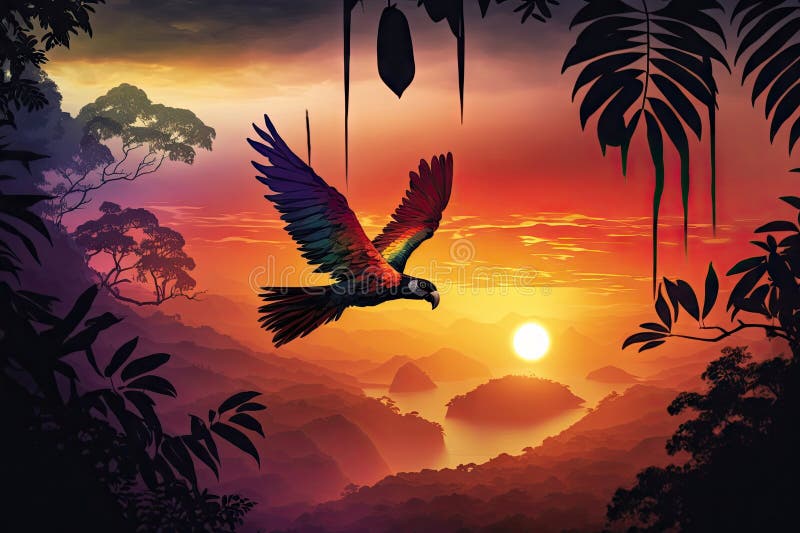 Parrot Flying Over Jungle Canopy, with View of Tropical Sunset Stock ...