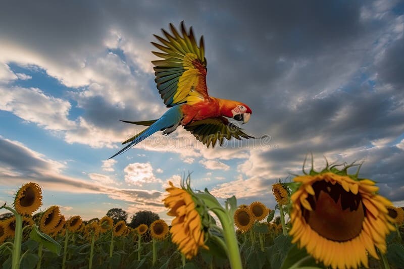 Parrot Flying Past Sunflower Field, with Dramatic Sky in the Background ...
