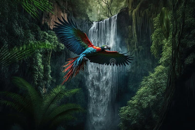 Parrot Flying Past Waterfall in Jungle Stock Illustration ...