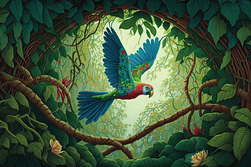 Parrot Flying among Vines in Jungle Canopy Stock Illustration ...