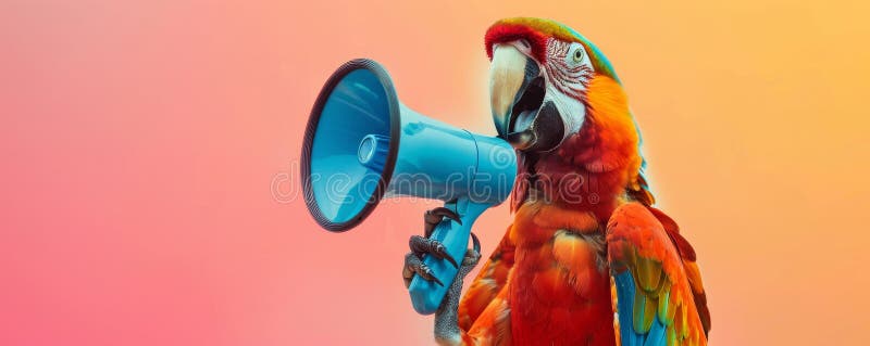 Parrot Holding a Blue Megaphone Against a Colorful Background ...