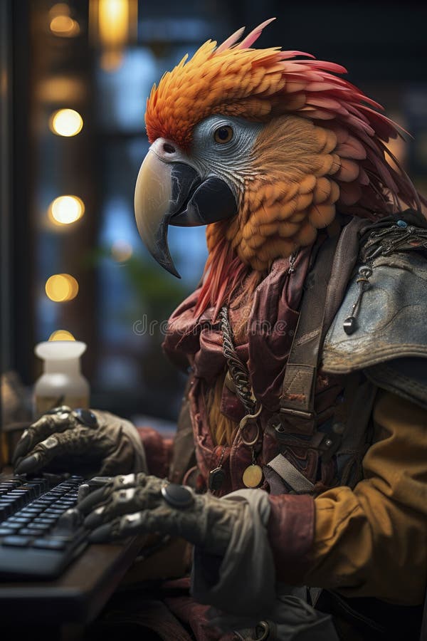 Parrot in Human Form Using a Computer. Generative Ai Stock Illustration ...