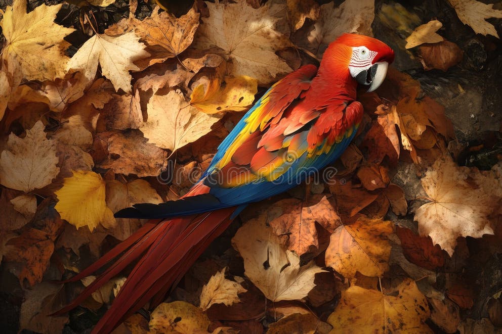 Parrot on Leaf Pile stock photo. Image of fall, parrot - 378050024
