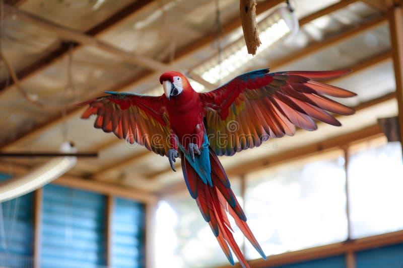 Parrot in Midflight Inside a Zoo Aviary with Outspread Wings Stock ...