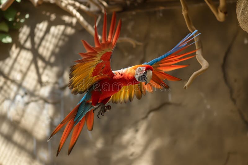 Parrot in Midflight Inside a Zoo Aviary with Outspread Wings Stock ...
