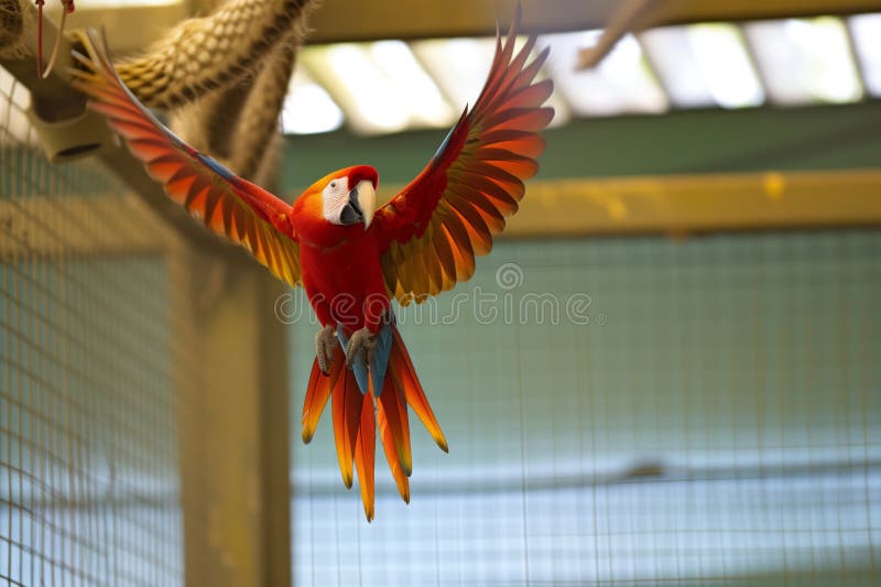 Parrot in Midflight Inside a Zoo Aviary with Outspread Wings Stock ...