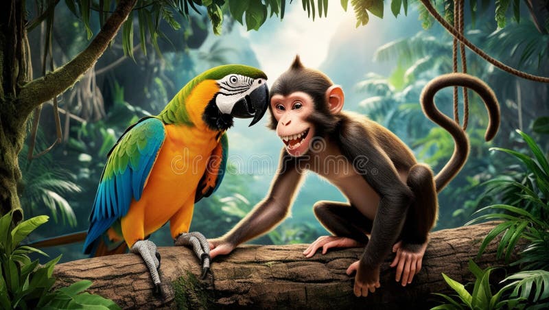 A Parrot and Monkey are Talking Each Other while Sitting on the Branch ...