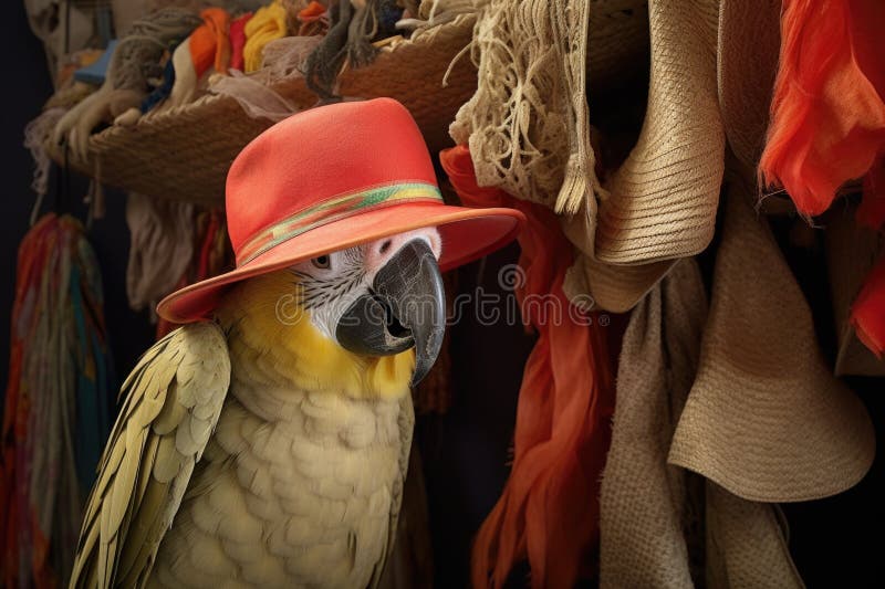 A Parrot Nibbling on a Straw Hat on a Clothes Rack Stock Photo - Image ...