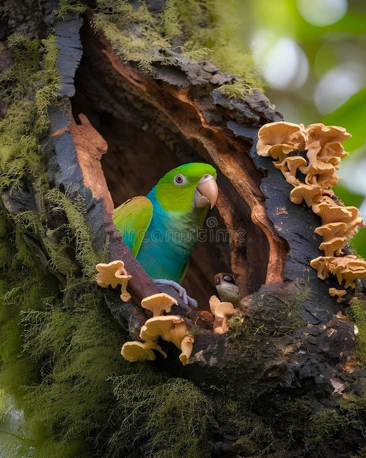 A Parrot is Peeping from a Hollow Tree Covered with Moss and Fungi ...