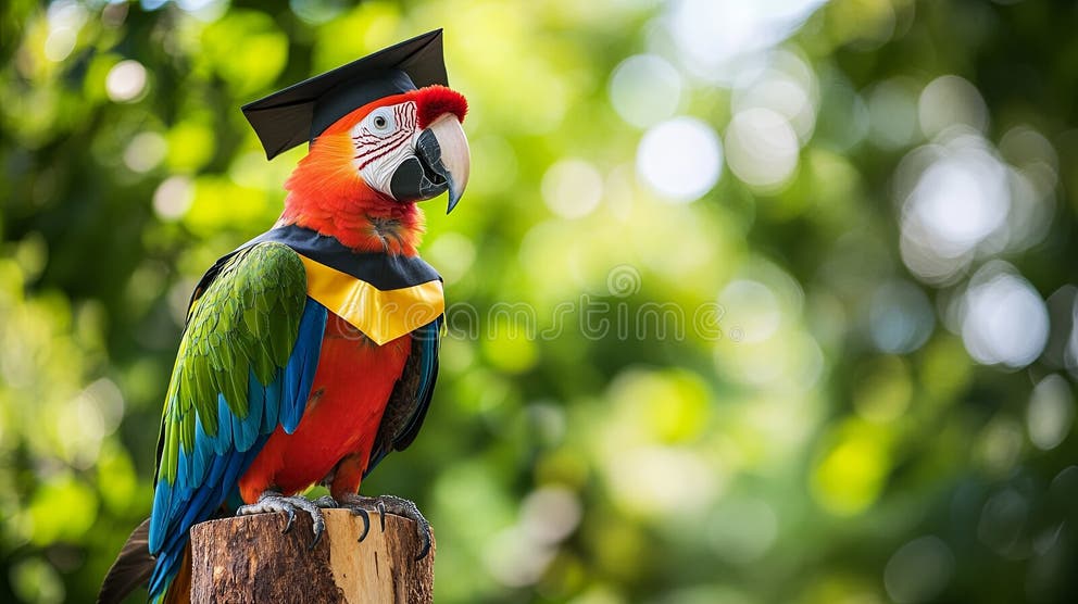 Parrot on Perch with Sash and Grad Cap, Colors and Blank Area for ...
