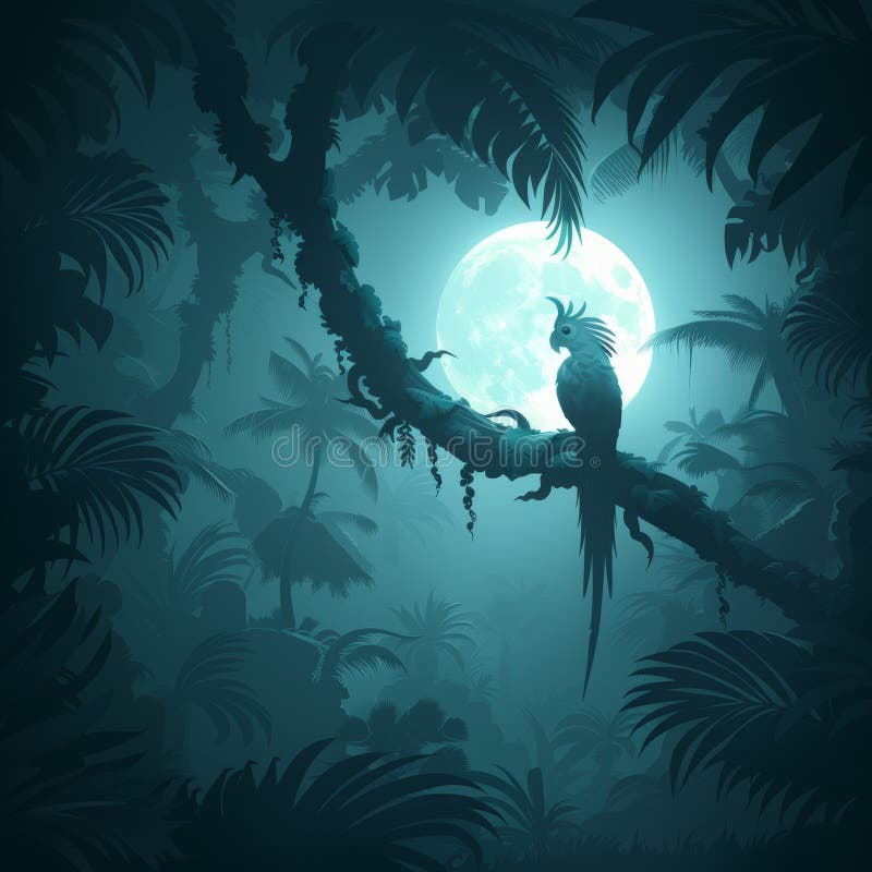 A Parrot Perched on a Branch Under a Glowing Full Moon in a Jungle at ...