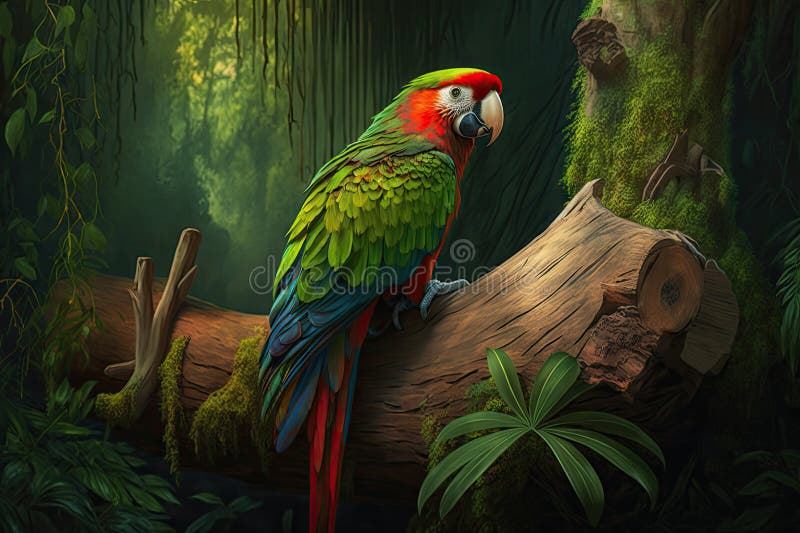 Parrot Perched on Fallen Tree Trunk, Surrounded by Lush Greenery Stock ...