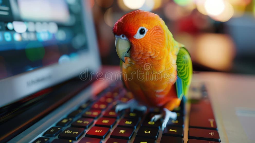 Vibrant Parrot Perched on Laptop Keyboard in Modern Technology Setting ...